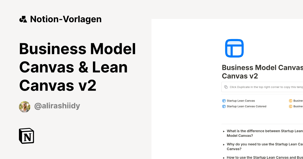 Business Model Canvas & Lean Canvas v2 Vorlage von Ali Rashidy | Notion ...