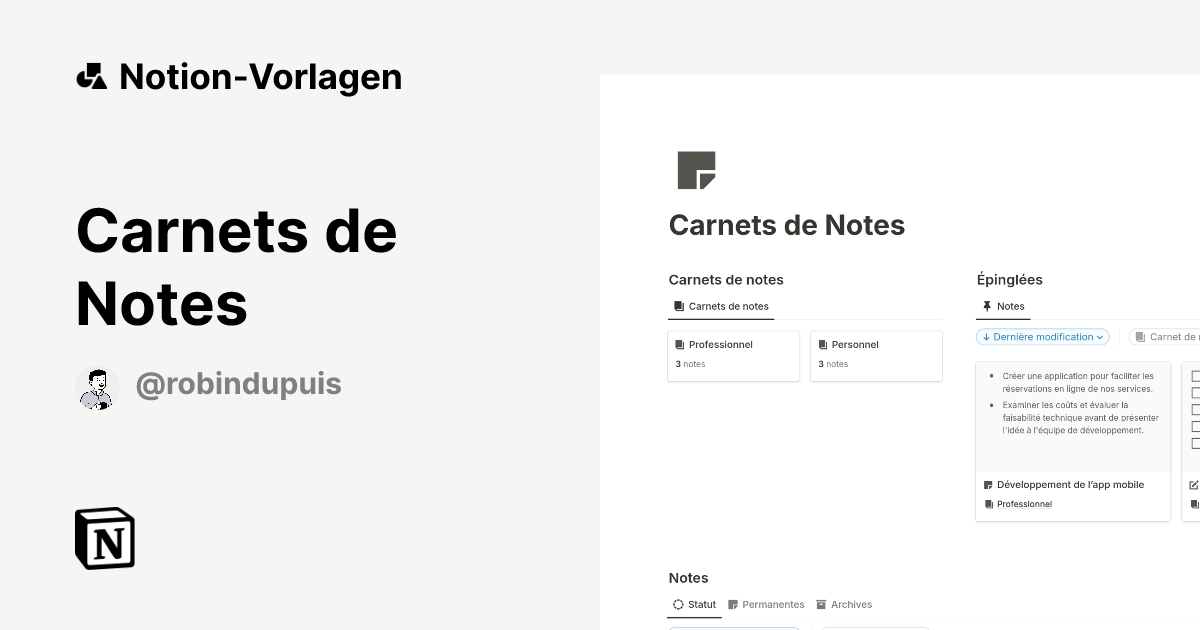 Carnets de Notes Vorlage von Robin Dupuis | Notion-Marketplace