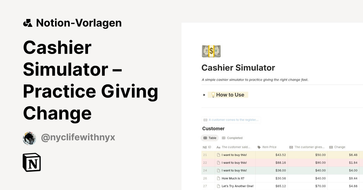 Cashier Simulator – Practice Giving Change Vorlage | Notion-Marketplace