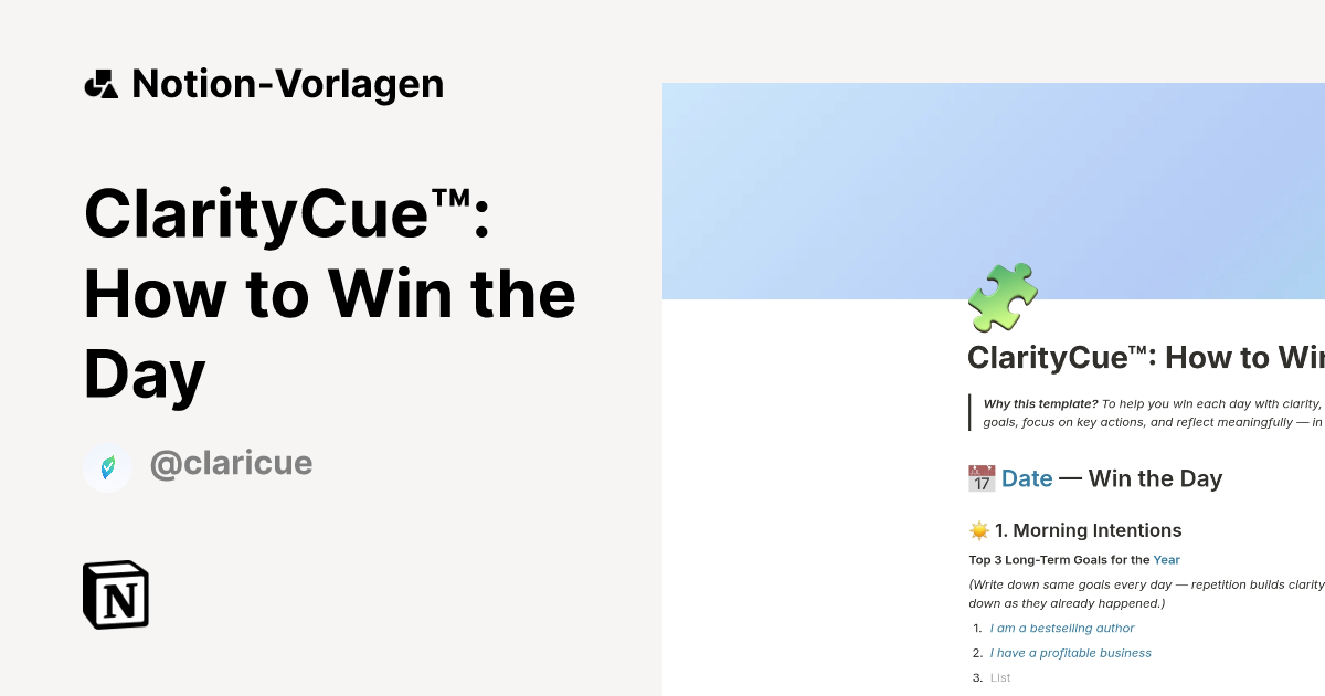 ClarityCue™: How to Win the Day Vorlage von ClarityCue | Notion-Marketplace