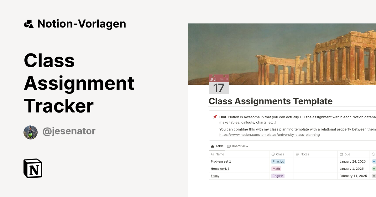 Class Assignment Tracker Vorlage | Notion-Marketplace