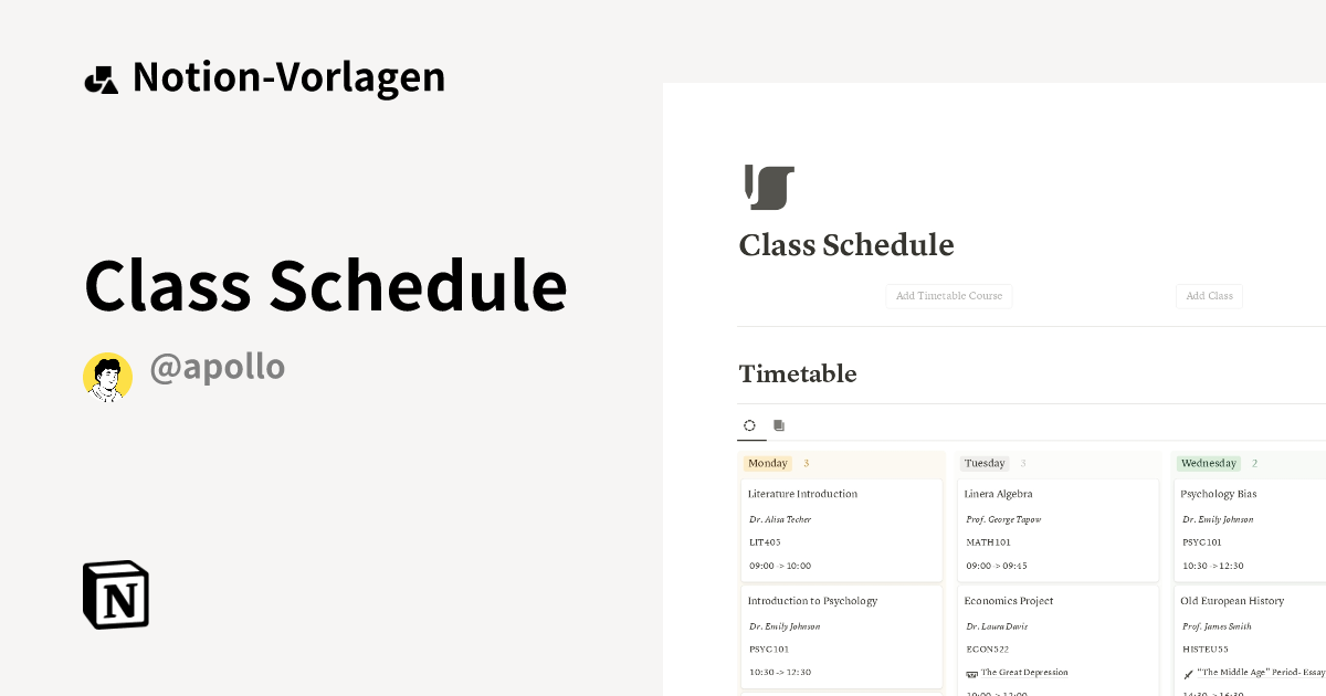 Class Schedule Vorlage von Apollo | Notion-Marketplace