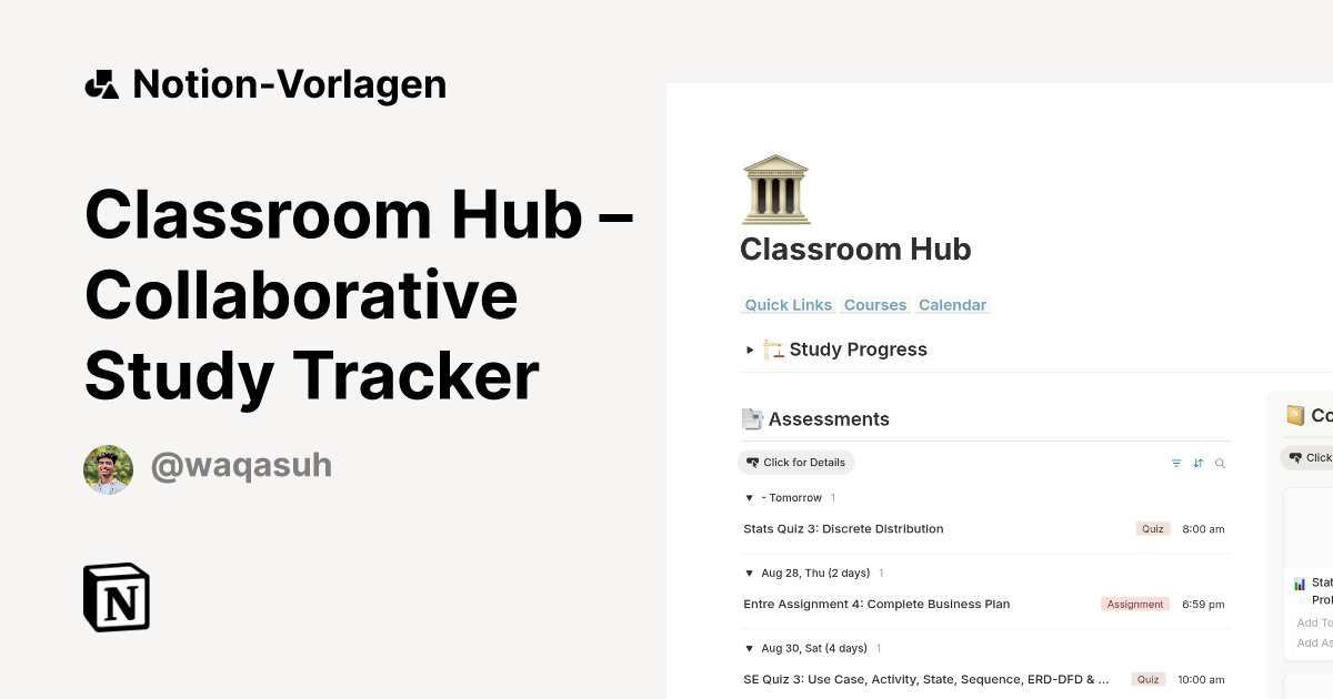 Classroom Hub – Collaborative Study Tracker Vorlage von Waqas Ul Hasan | Notion-Marketplace