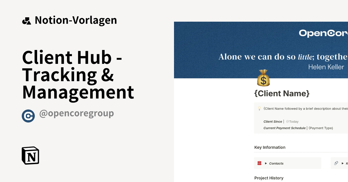 Client Hub - Tracking & Management Vorlage von OpenCore Group | Notion-Marketplace