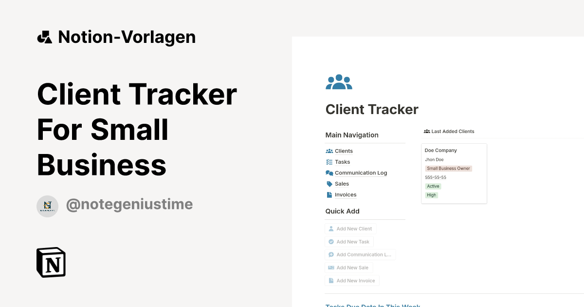Client Tracker For Small Business Vorlage von NoteGeniusTime | Notion-Marketplace