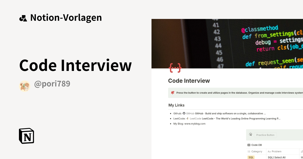 Code Interview Vorlage von Pori | Notion-Marketplace