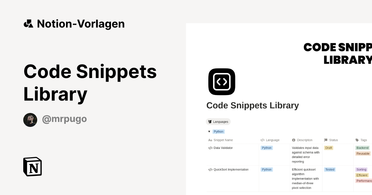 Code Snippets Library Vorlage | Notion-Marketplace