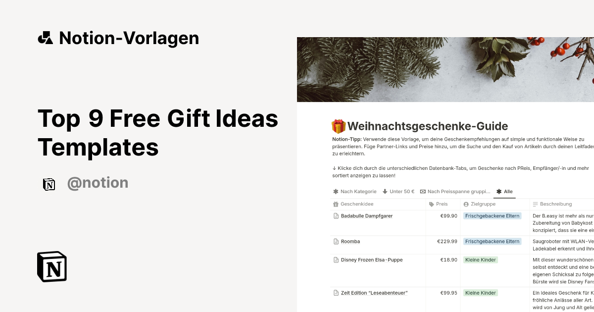 Top 9 Free Gift Ideas Templates | Notion-Vorlagen-Marketplace