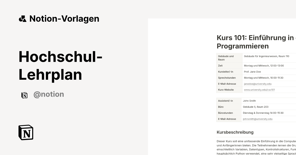 Hochschul-Lehrplan 2025 Vorlage | Notion-Marketplace
