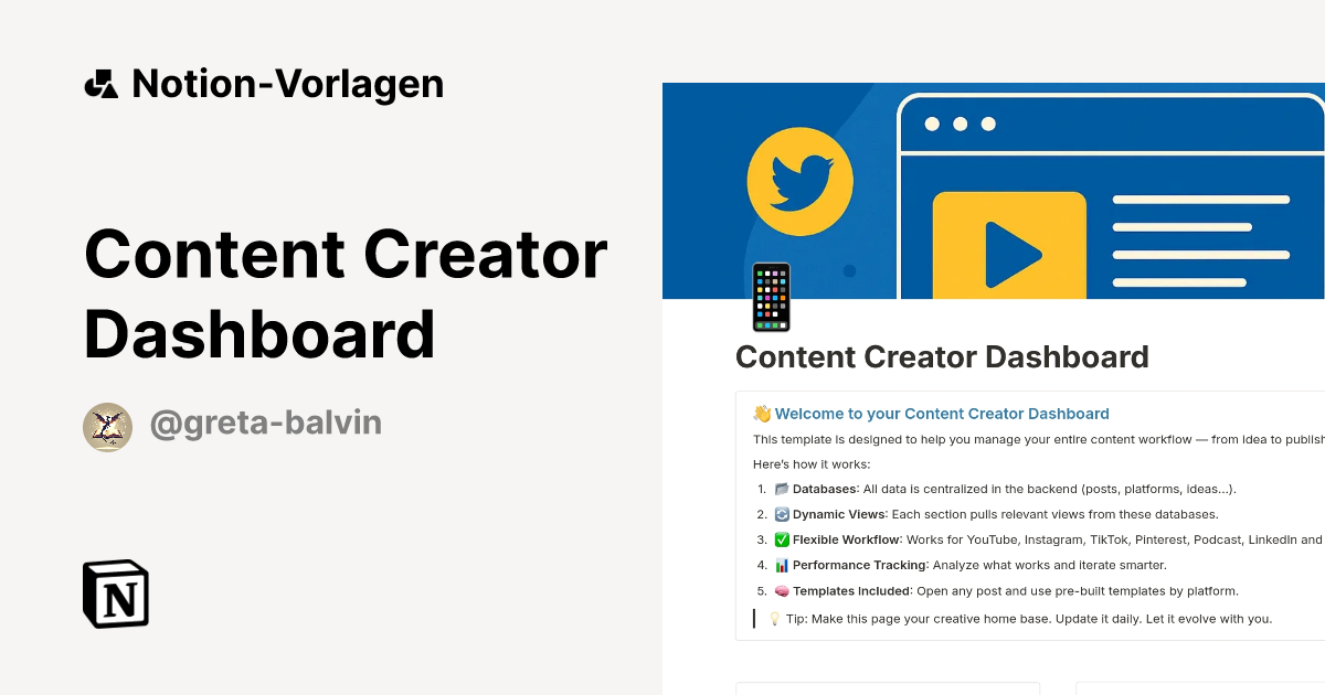 Content Creator Dashboard Vorlage | Notion-Marketplace