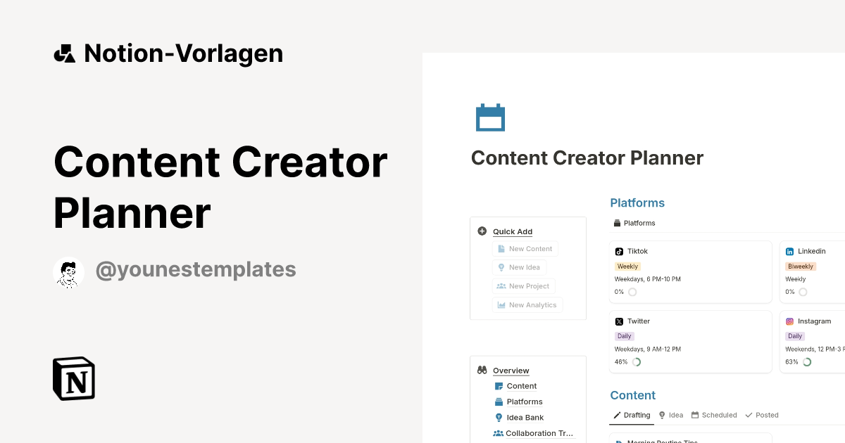 Content Creator Planner Vorlage von Younes | Notion-Marketplace