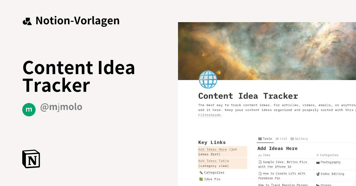 Content Idea Tracker Vorlage | Notion-Marketplace