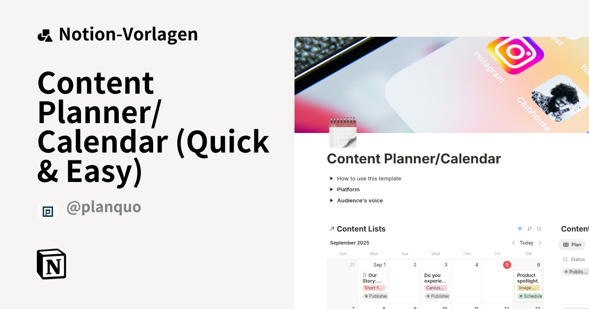Content Planner/Calendar (Quick & Easy) Vorlage | Notion-Marketplace
