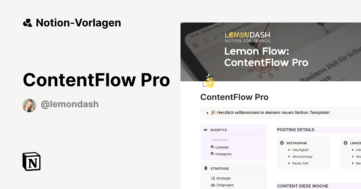 ContentFlow Pro Vorlage von Sabrina Sebald Lemondash | Notion-Marketplace