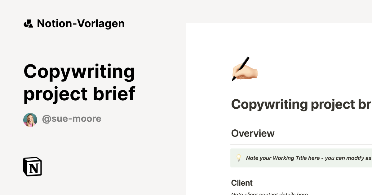 Copywriting project brief Vorlage von Sue Moore | Notion-Marketplace