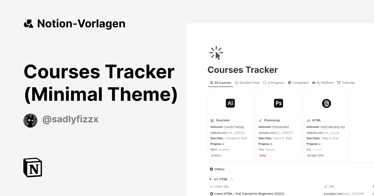 Courses Tracker (Minimal Theme) Vorlage von Ziad Creations | Notion-Marketplace