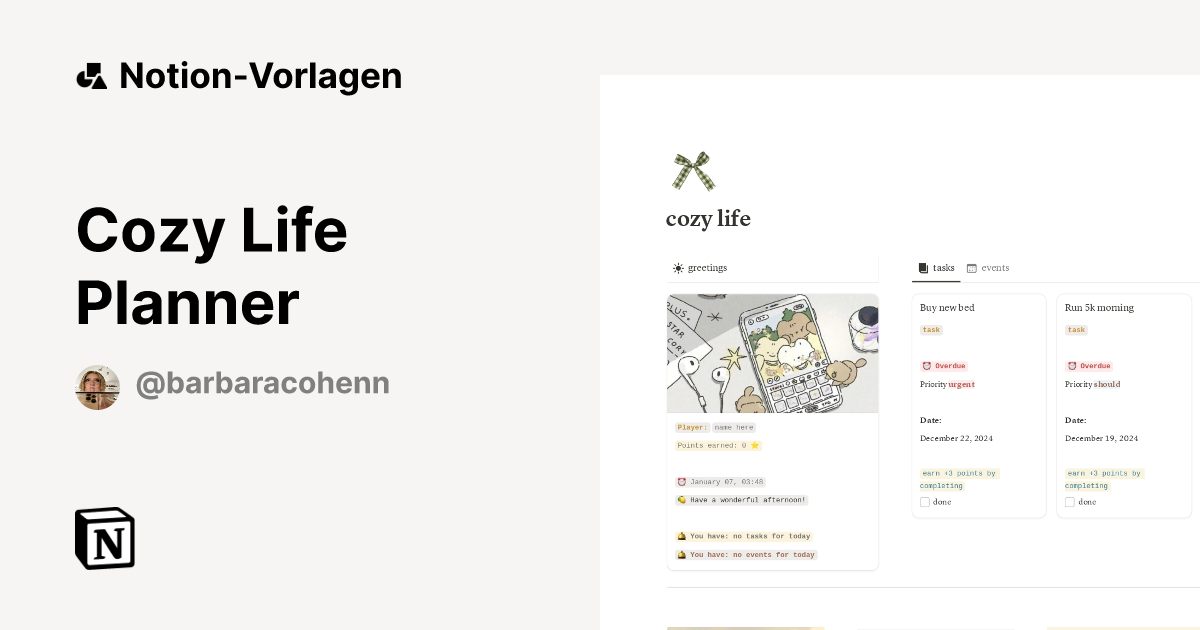 Cozy Life Planner Vorlage | Notion-Marketplace