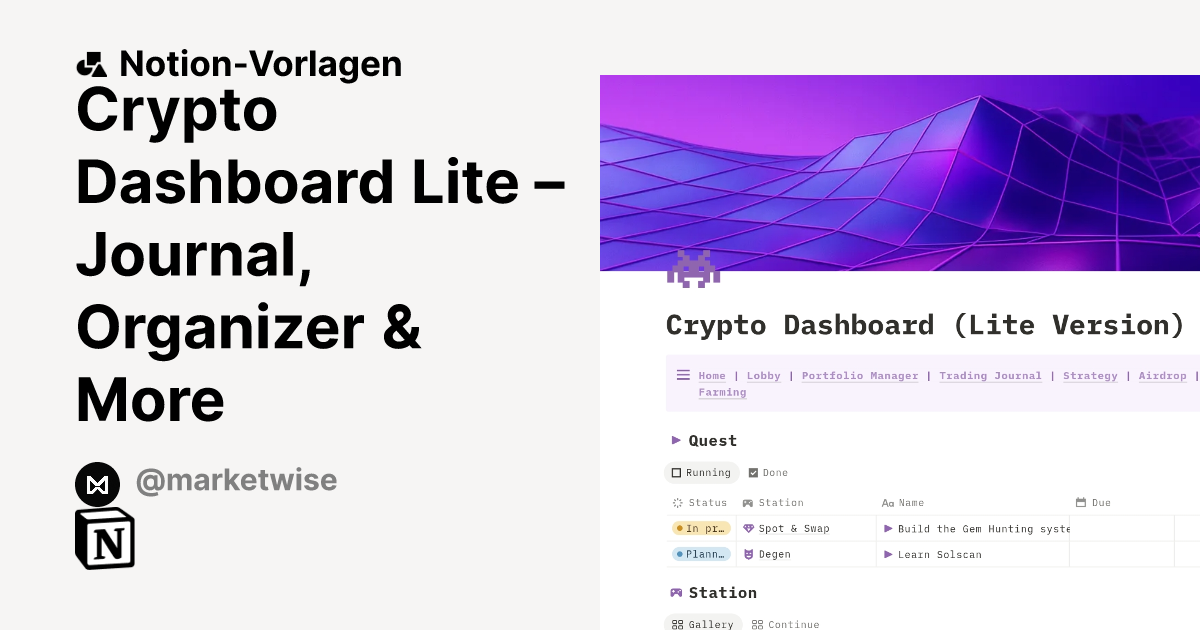 Crypto Dashboard Lite – Journal, Organizer & More Vorlage von Market Wise | Notion-Marketplace