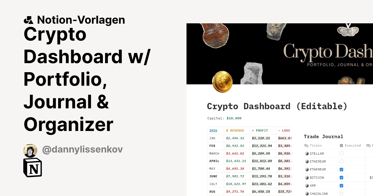 Crypto Dashboard w/ Portfolio, Journal & Organizer Vorlage von Danny Lissenkov | Notion-Marketplace