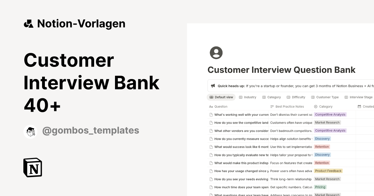 Customer Interview Bank 40+ Vorlage | Notion-Marketplace