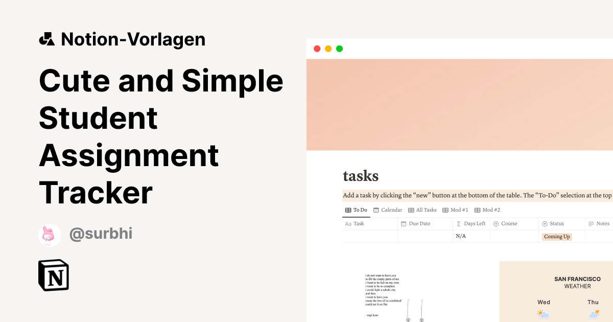 Cute and Simple Student Assignment Tracker Vorlage von surbhi | Notion ...