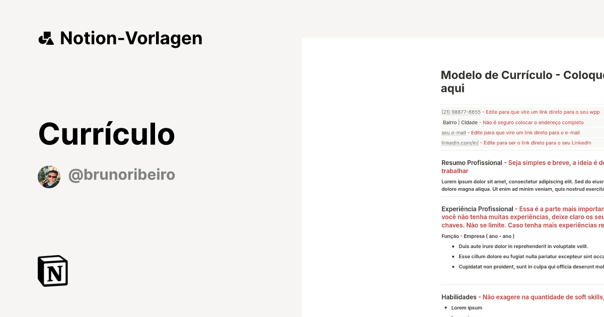 Currículo Vorlage von Bruno Ribeiro | Notion-Marketplace