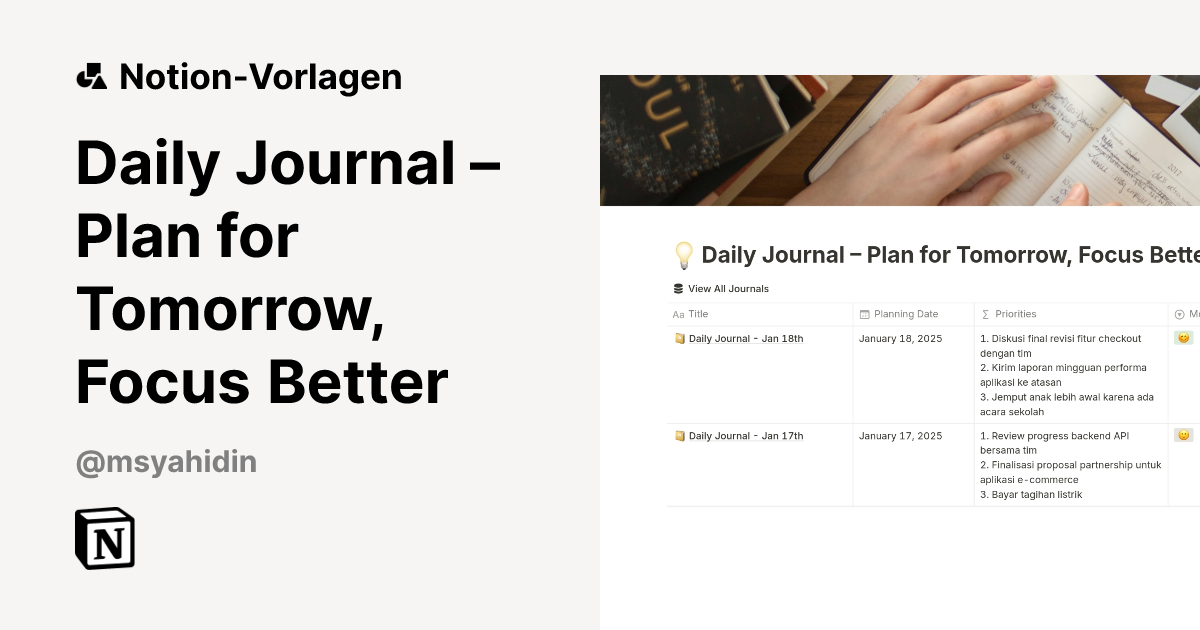 Daily Journal – Plan for Tomorrow, Focus Better Vorlage von msyahidin ...