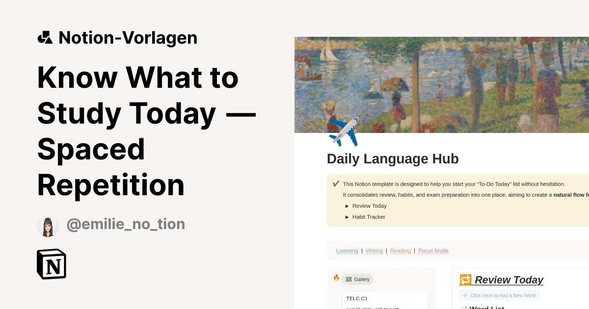 Know What to Study Today — Spaced Repetition Vorlage | Notion-Marketplace