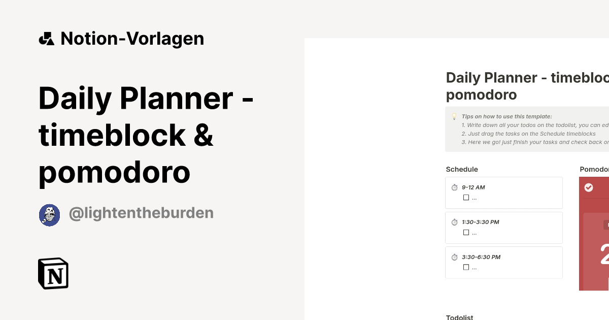 Daily Planner - timeblock & pomodoro Vorlage | Notion-Marketplace