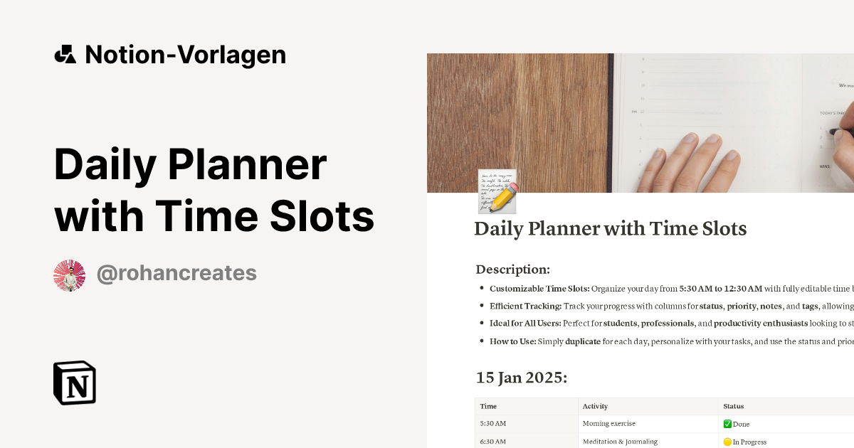 Daily Planner with Time Slots Vorlage | Notion-Marketplace
