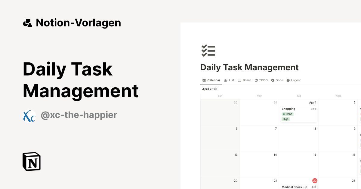 Daily Task Management Vorlage von XC | Notion-Marketplace