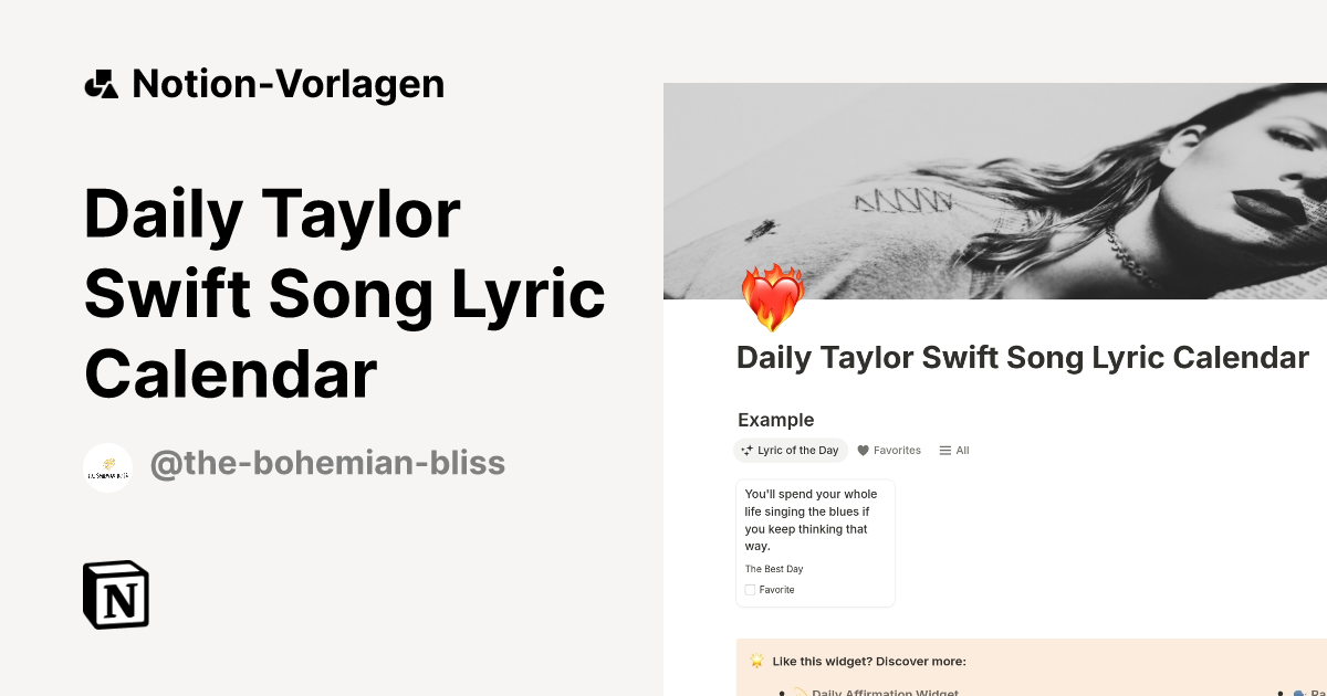 Daily Taylor Swift Song Lyric Calendar Vorlage | Notion-Marketplace