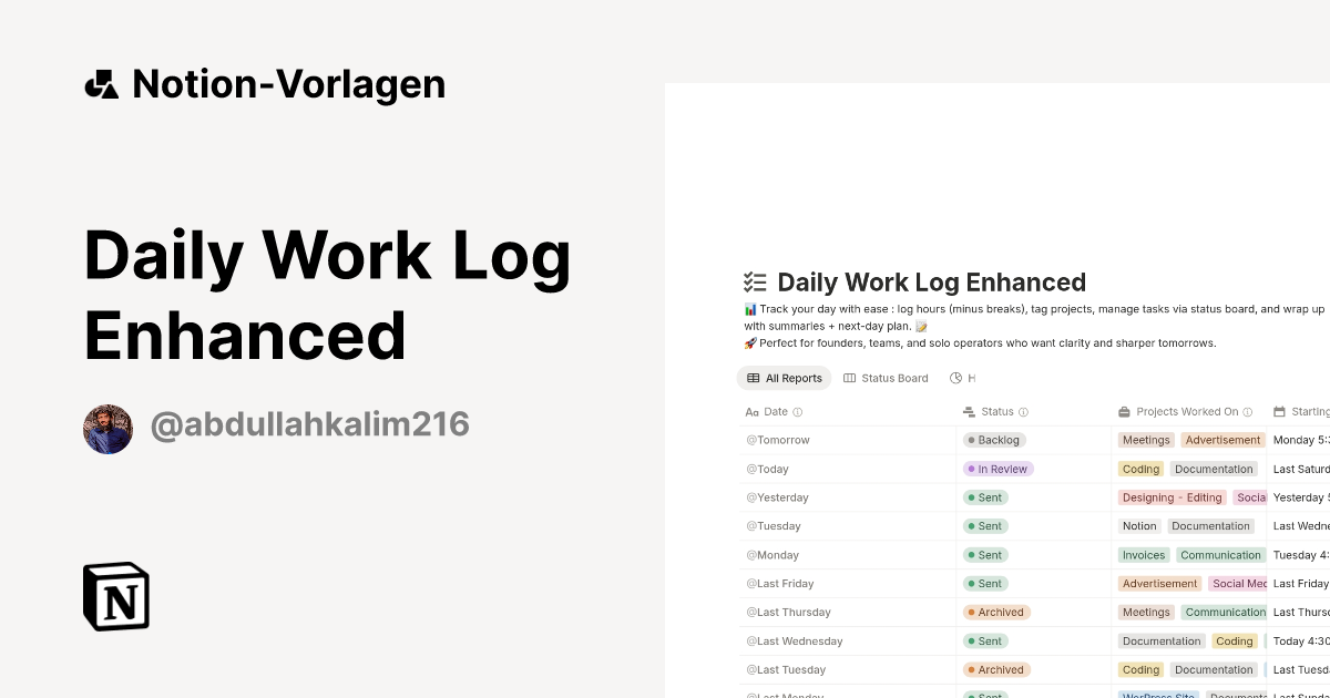 Daily Work Log Enhanced Vorlage | Notion-Marketplace