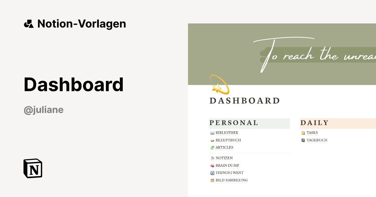 Dashboard Vorlage von Juliane | Notion-Marketplace
