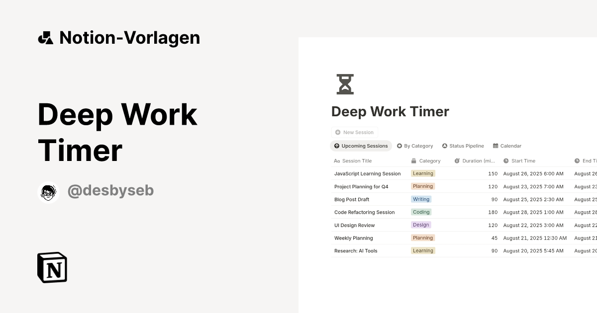 Deep Work Timer Vorlage | Notion-Marketplace