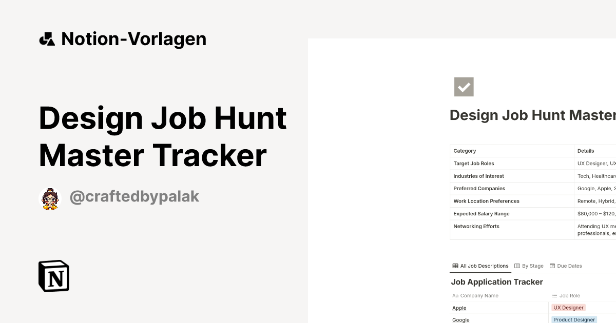 Design Job Hunt Master Tracker Vorlage von craftedbypalak | Notion ...