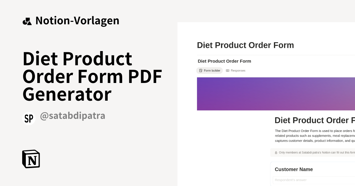Diet Product Order Form PDF Generator Vorlage | Notion-Marketplace