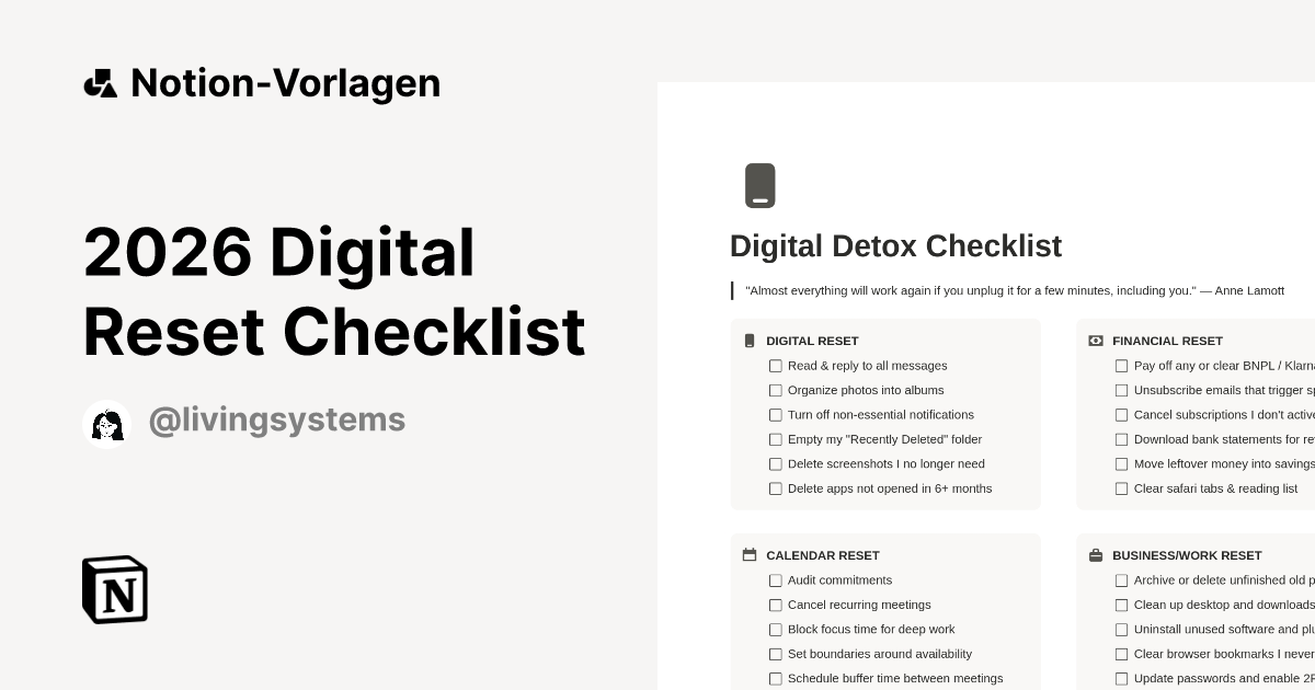 2026 Digital Reset Checklist Vorlage | Notion-Marketplace