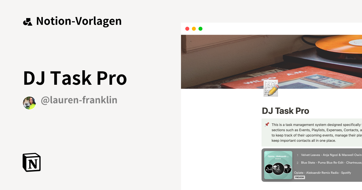 DJ Task Pro Vorlage von Lauren Franklin | Notion-Marketplace