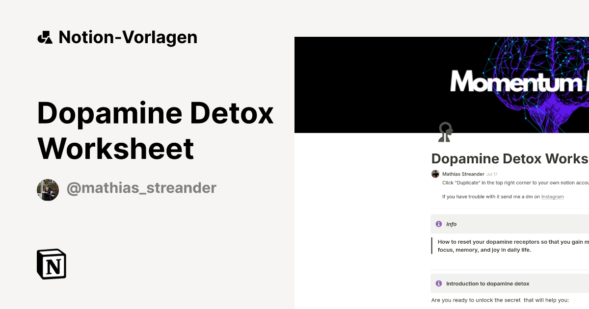 Dopamine Detox Worksheet Vorlage von Mathias Streander | Notion-Marketplace