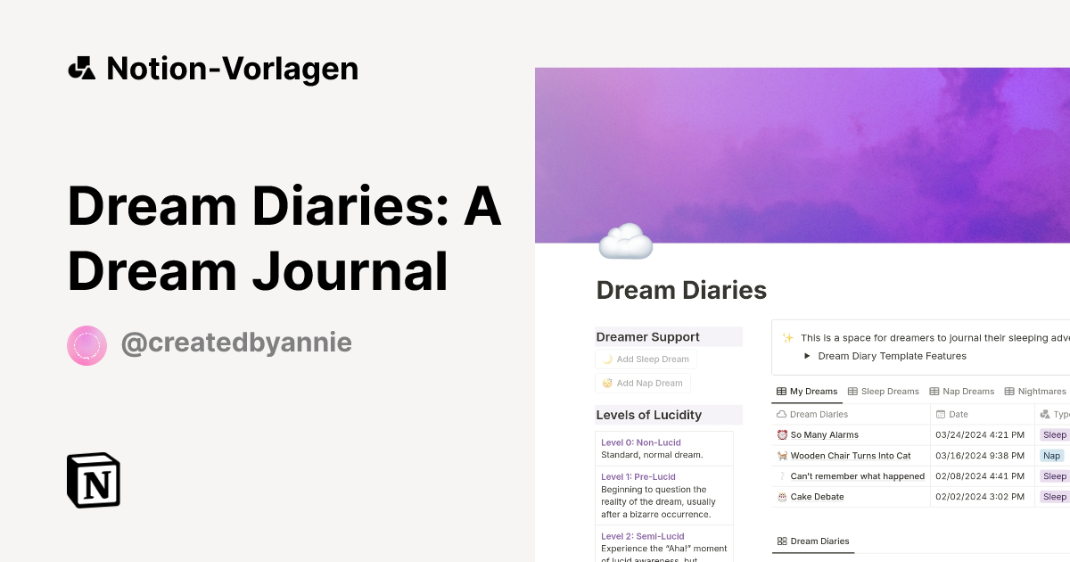 Dream Diaries: A Dream Journal Vorlage | Notion-Marketplace