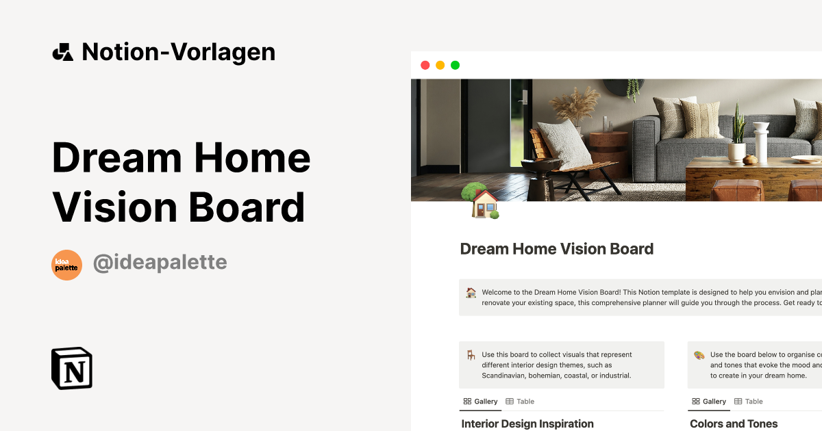 Dream Home Vision Board Vorlage von Idea Palette | Notion-Marketplace