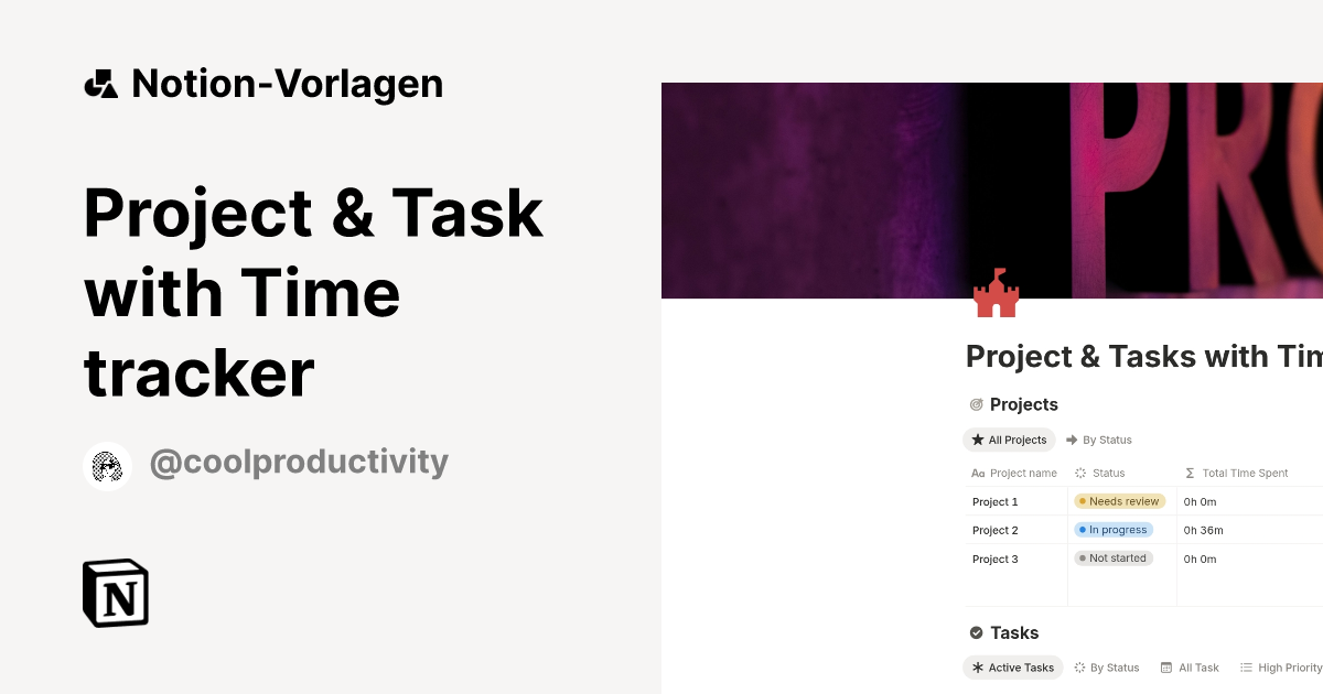 Project & Task with Time tracker Vorlage von Cool Productivity | Notion-Marketplace