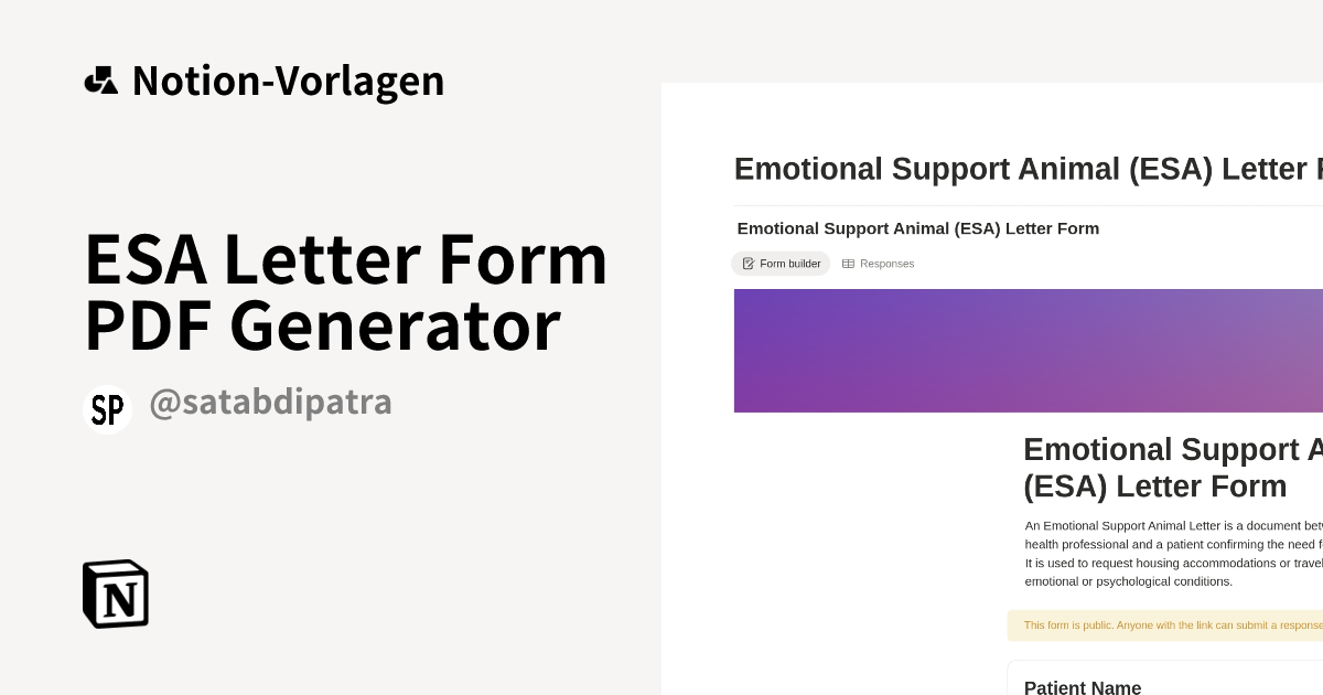 ESA Letter Form PDF Generator Vorlage | Notion-Marketplace