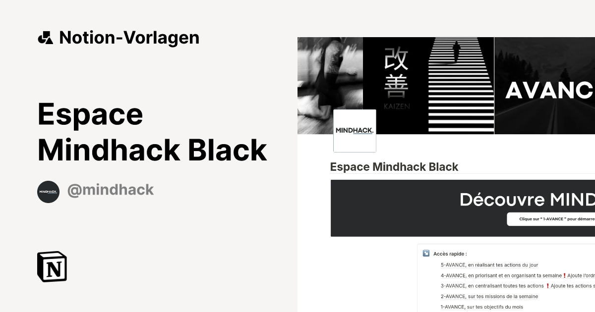 Espace Mindhack Black Vorlage von MINDHACK | Notion-Marketplace