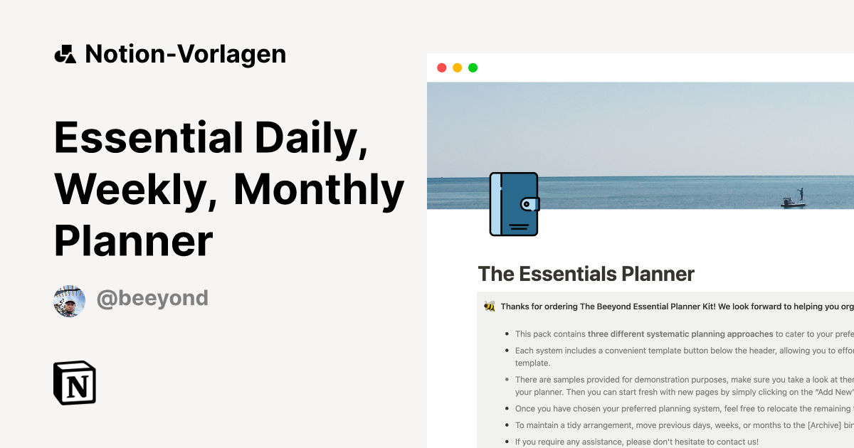 Essential Daily, Weekly, Monthly Planner Vorlage | Notion-Marketplace