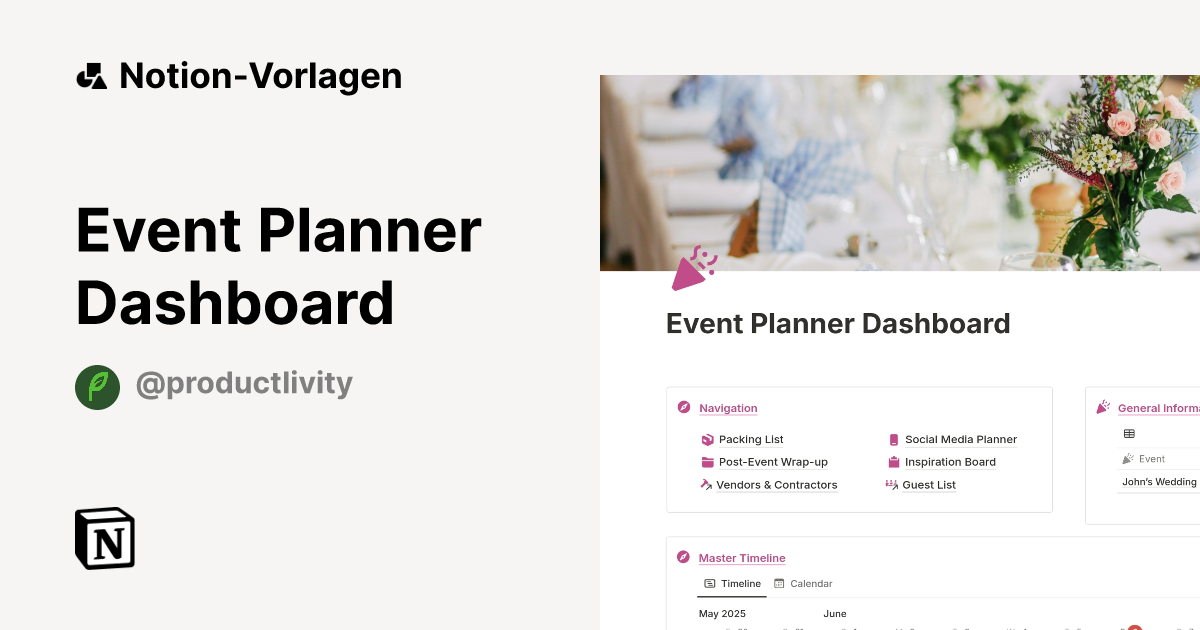 Event Planner Dashboard Vorlage von ProductLivity | Notion-Marketplace