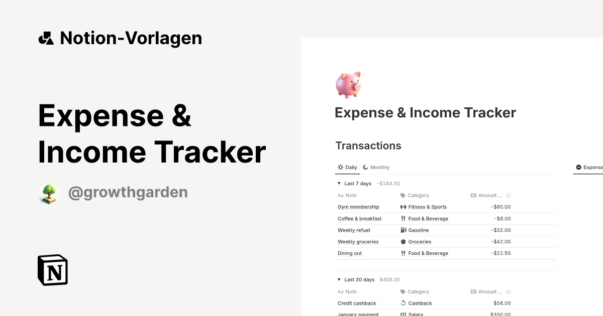 Expense & Income Tracker Vorlage | Notion-Marketplace
