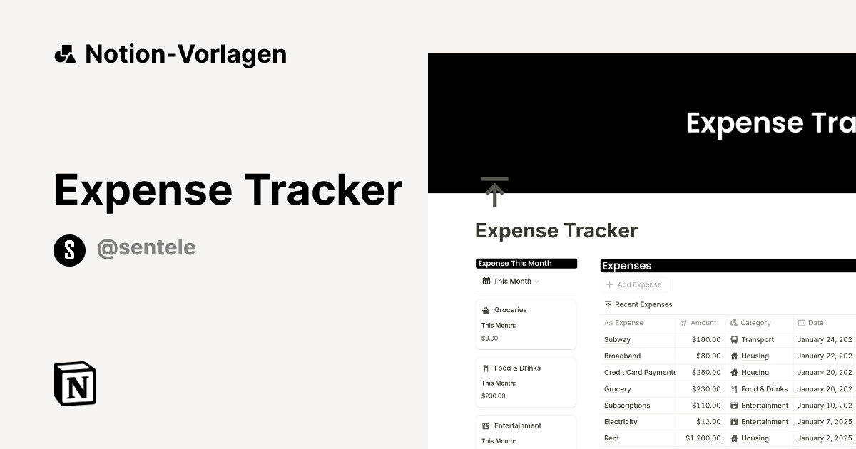 Expense Tracker Vorlage von Sentele | Notion-Marketplace