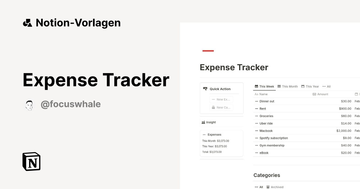 Expense Tracker Vorlage von FocusWhale | Notion-Marketplace